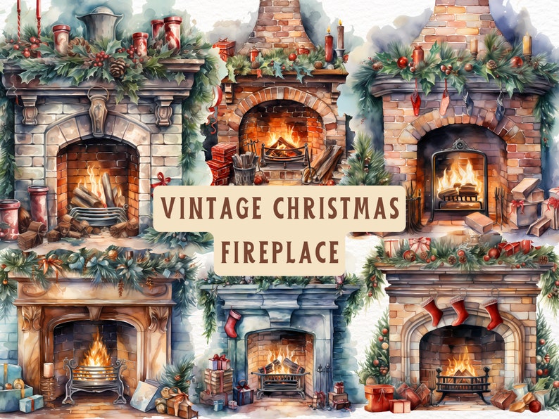 10 PNG Vintage Watercolor Christmas Fireplace Clipart Bundle ...