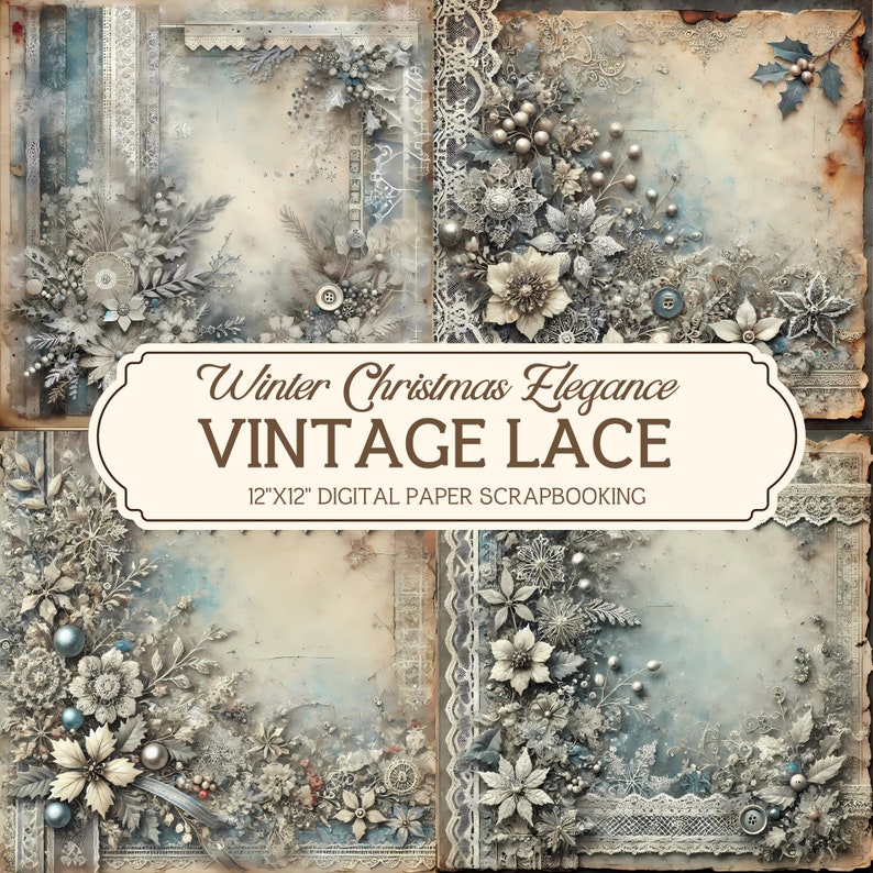 12x12 Vintage Lace Digital Paper Printable, Winter Christmas Elegance ...