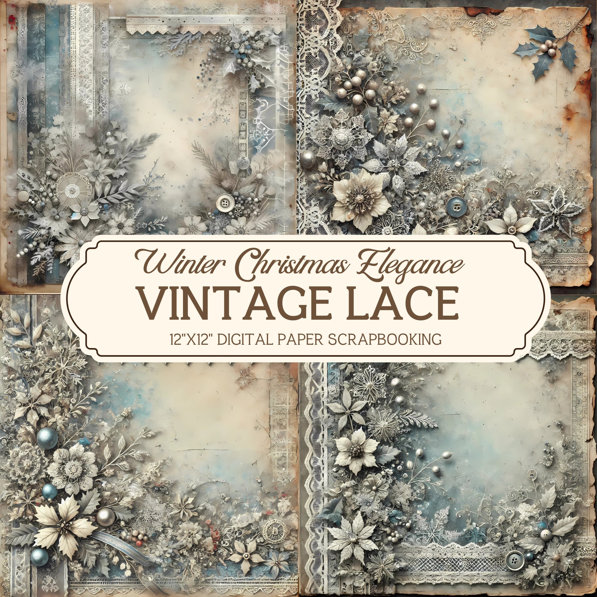 12x12 Vintage Lace Digital Paper Printable, Winter Christmas Elegance ...