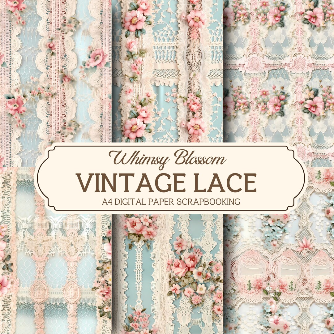 A4 Vintage Lace Digital Paper Printable, Whimsy Blossom Floral, Lace ...