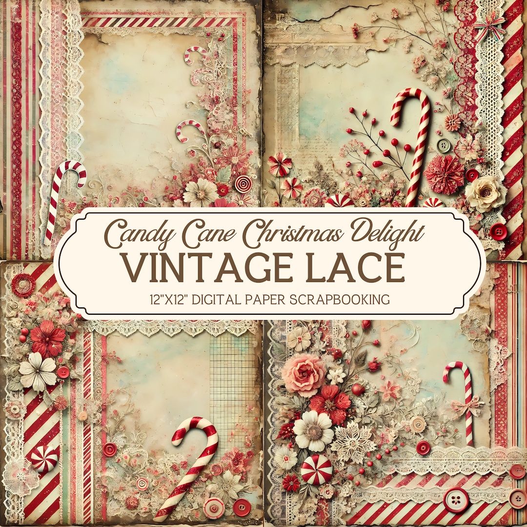 12x12 Vintage Lace Digital Paper Printable, Candy Cane Christmas ...