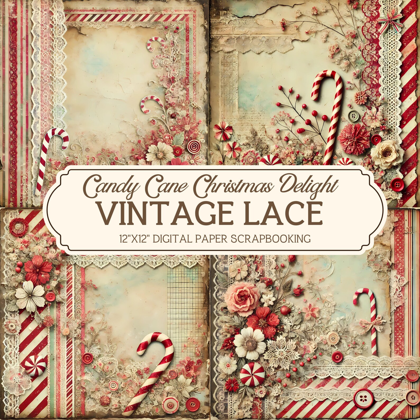 Vintage Christmas Lace Digital Paper: Candy Cane Scrapbook (digital ...