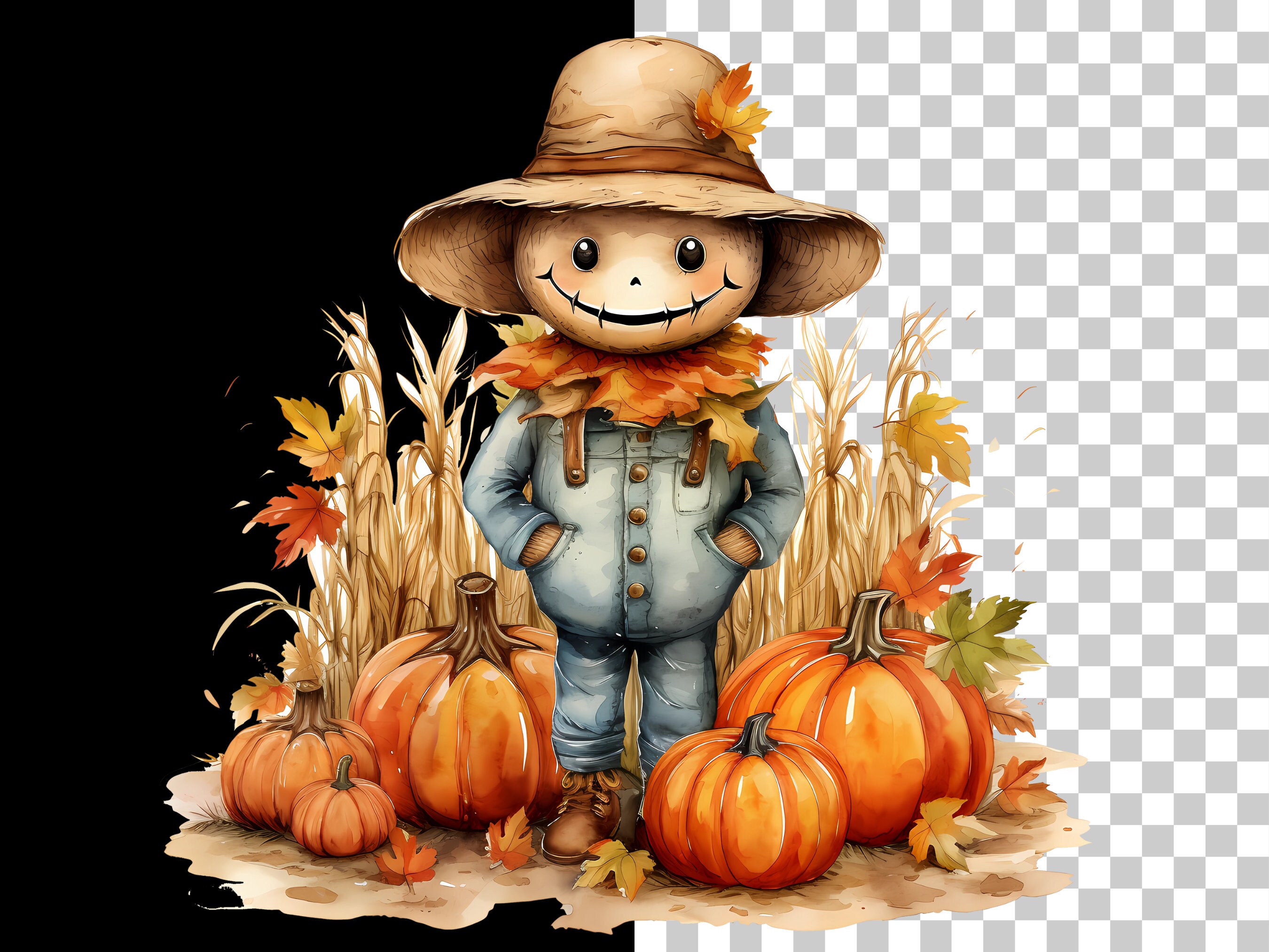 10 PNG Watercolor Fall Scarecrow Pumpkins Clipart Bundle - Commercial ...