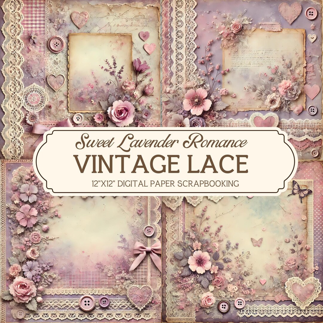 12x12" Vintage Valentines Scrapbook Paper, Sweet Lavender Romance ...