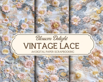 A4 Vintage Lace Digital Paper Printable, Shabby Chic Floral Romance ...