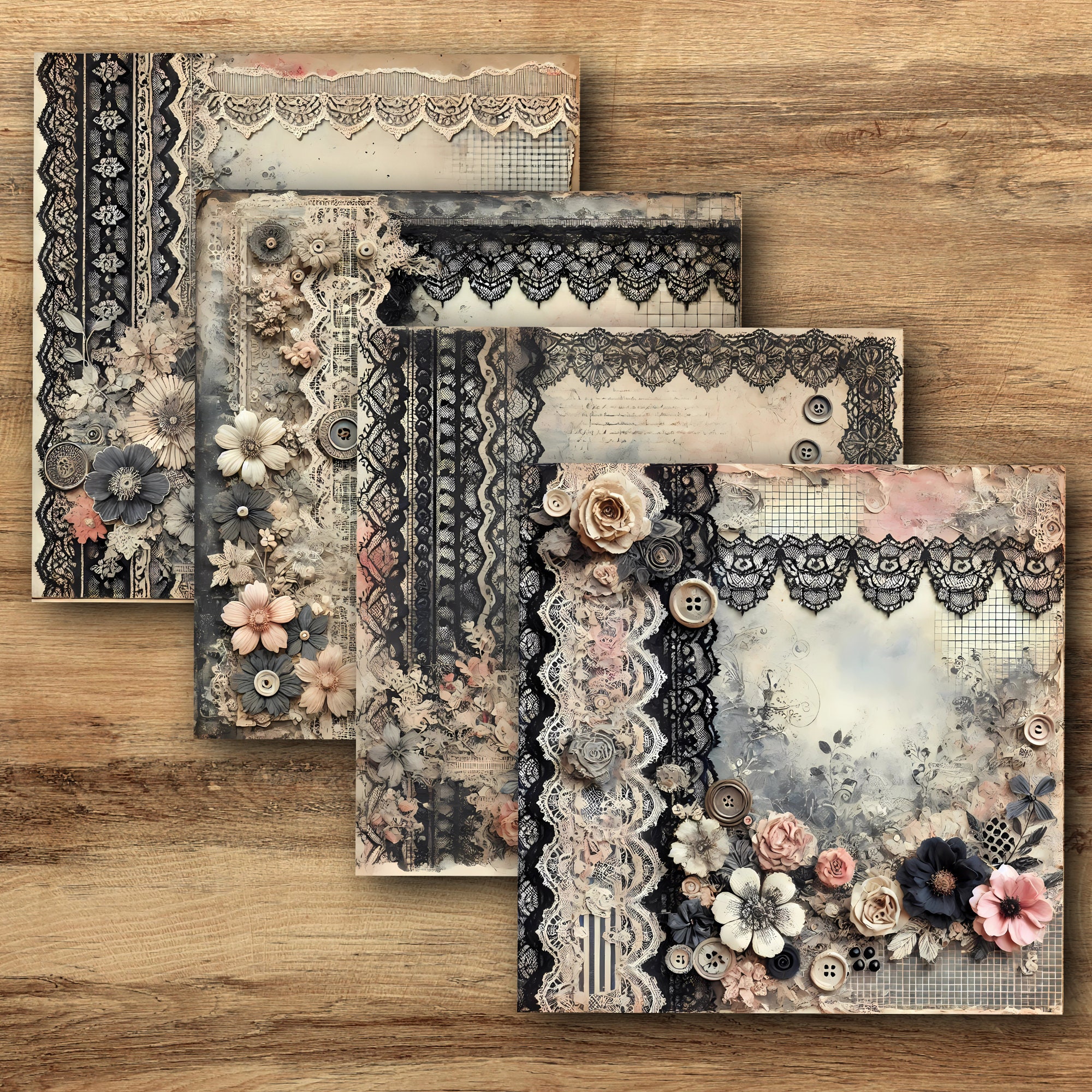 12x12 Vintage Lace Digital Paper Printable, Charcoal Blush Elegance ...