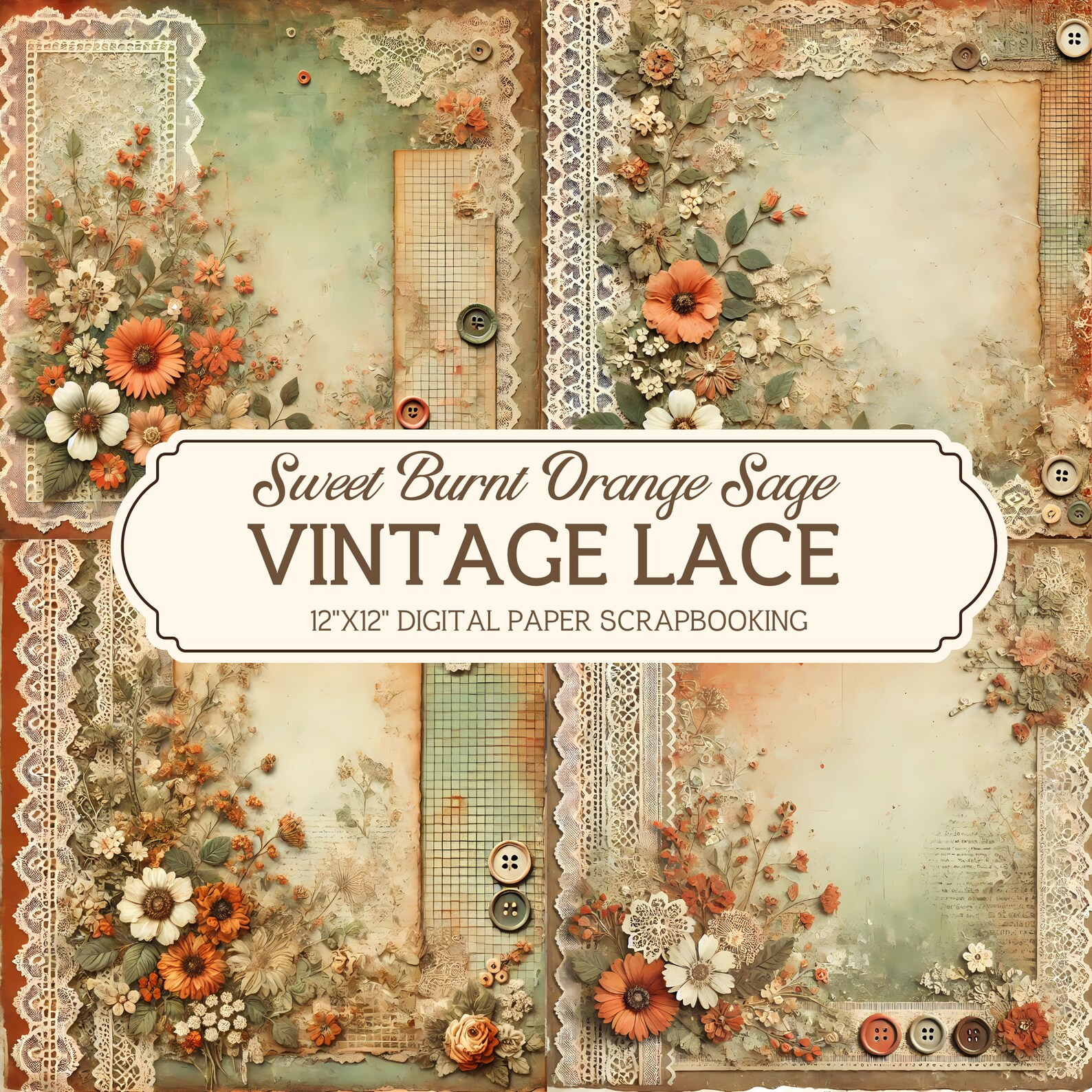 12x12" Vintage Lace Digital Paper Printable, Burnt Orange Sage, Lace ...