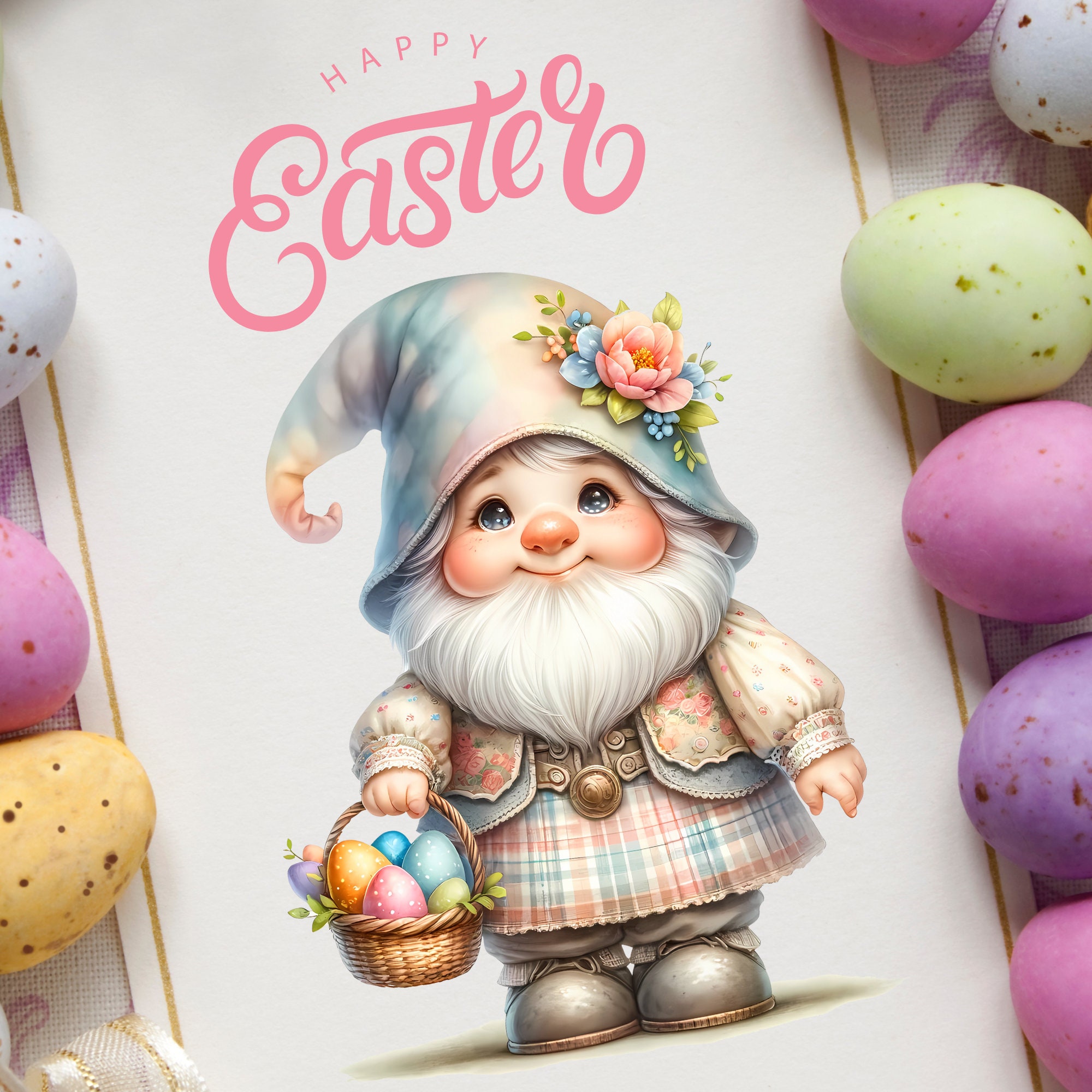 Cute Easter Gnome Clipart, PNG Bundle, Vintage, Easter Eggs, Spring ...
