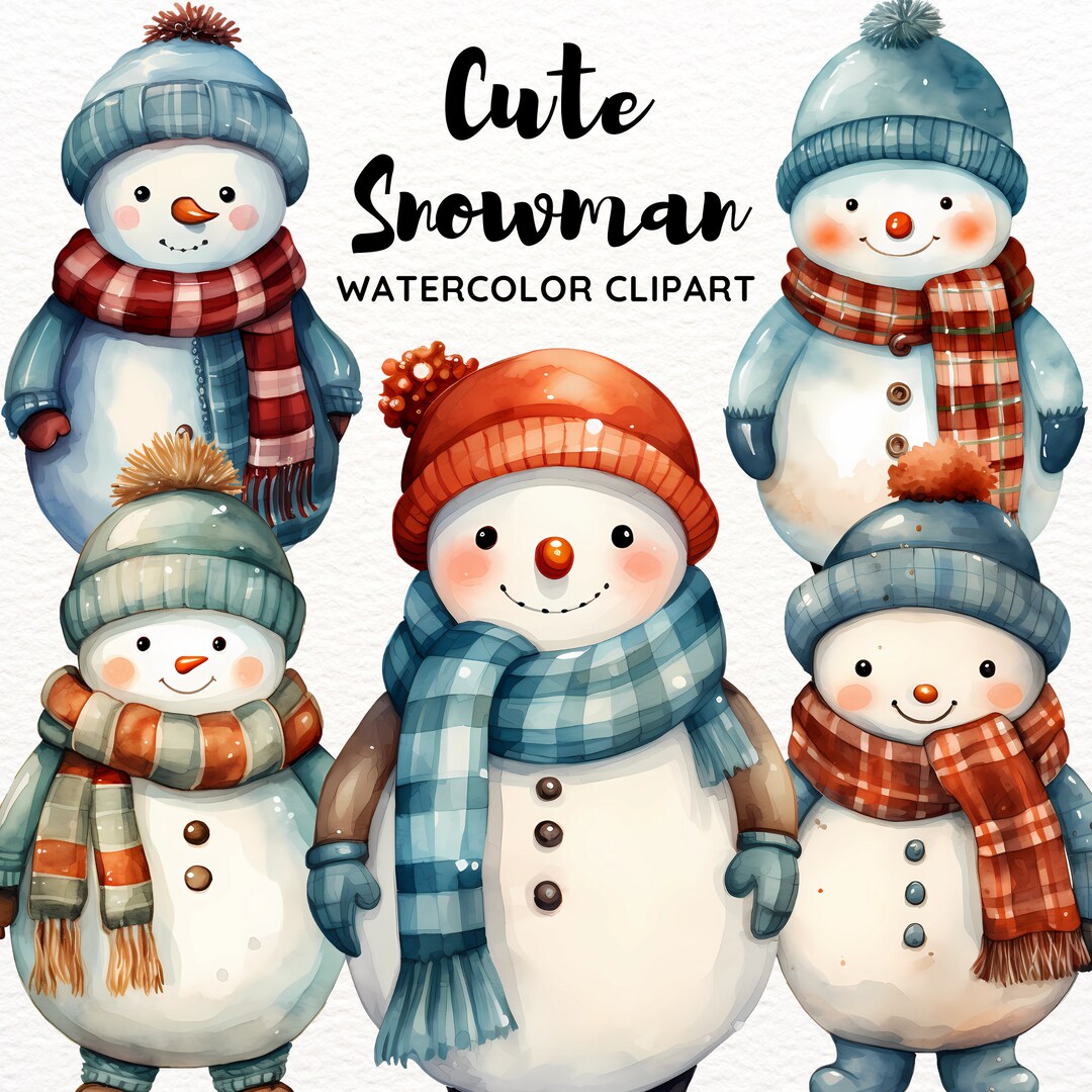 Watercolor Snowman Clipart: Christmas Winter PNG Bundle (digital ...