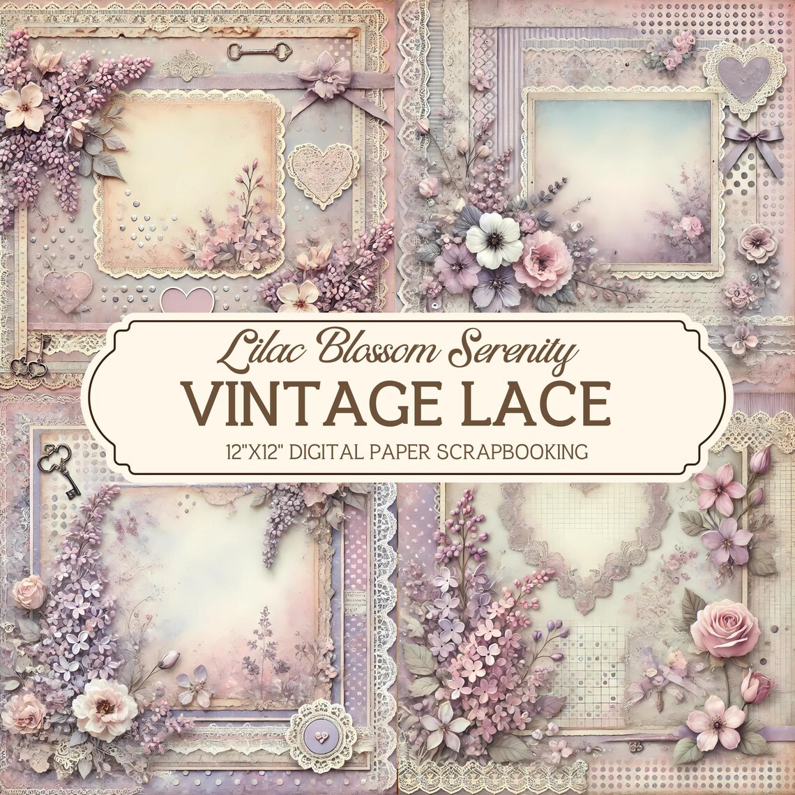 12x12" Vintage Scrapbook Paper, Lilac Blossom Serenity, Purple Digital ...
