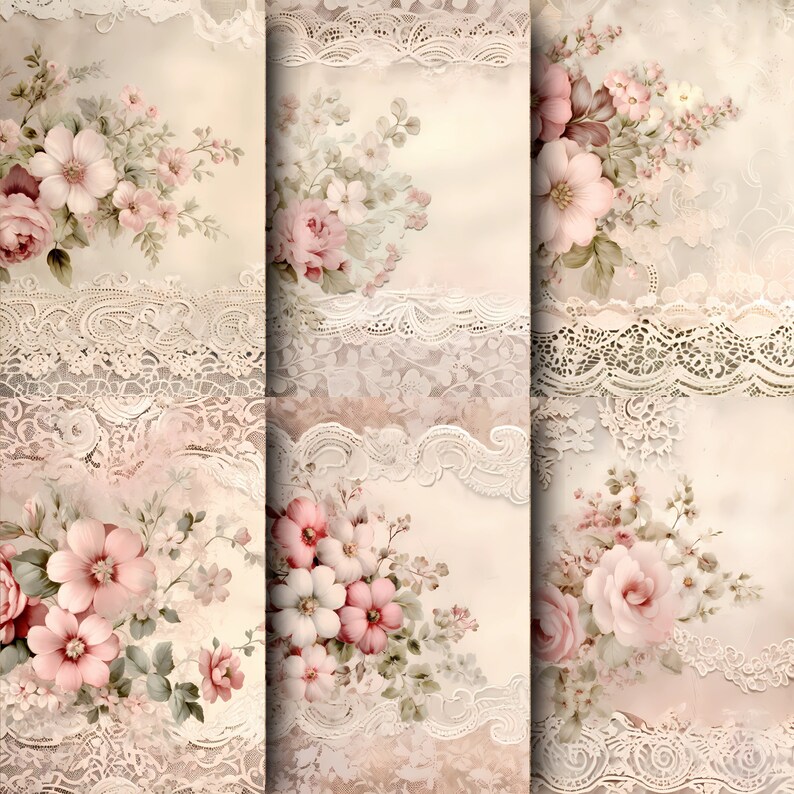 A4 Vintage Lace Digital Paper Printable, Shabby Chic Floral Serenity ...