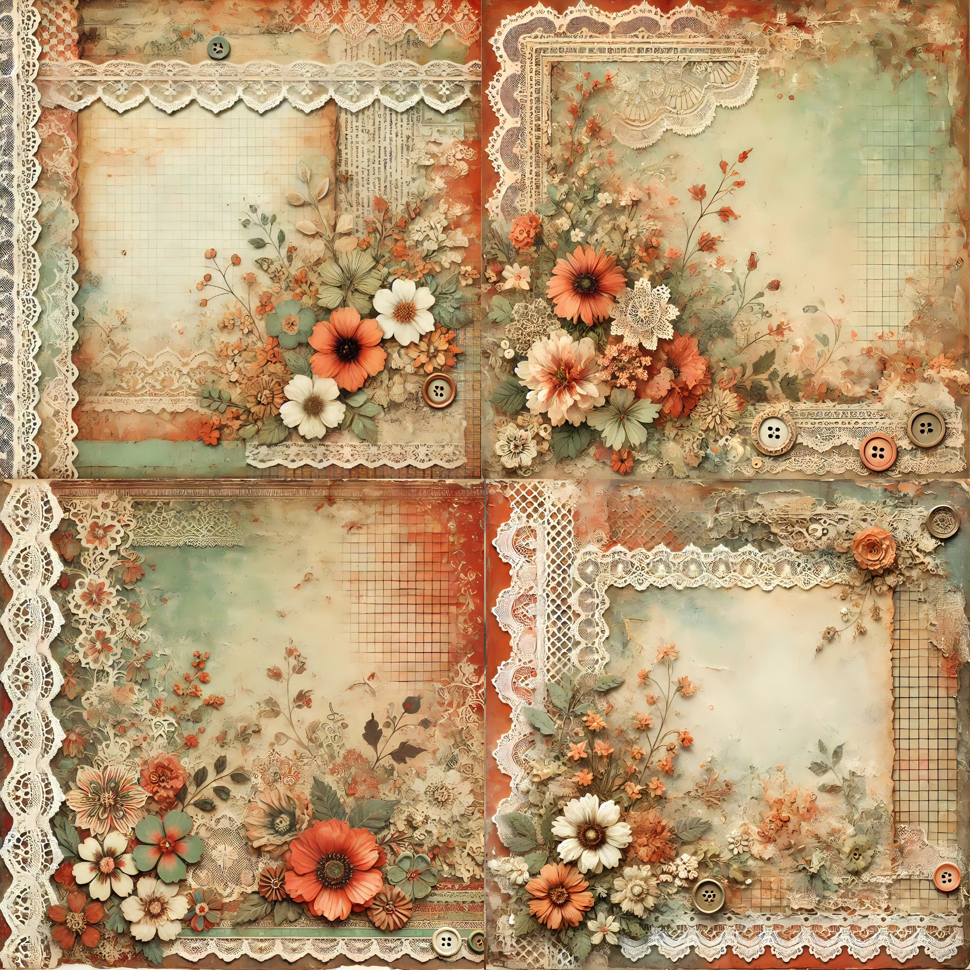 12x12" Vintage Lace Digital Paper Printable, Burnt Orange Sage, Lace ...