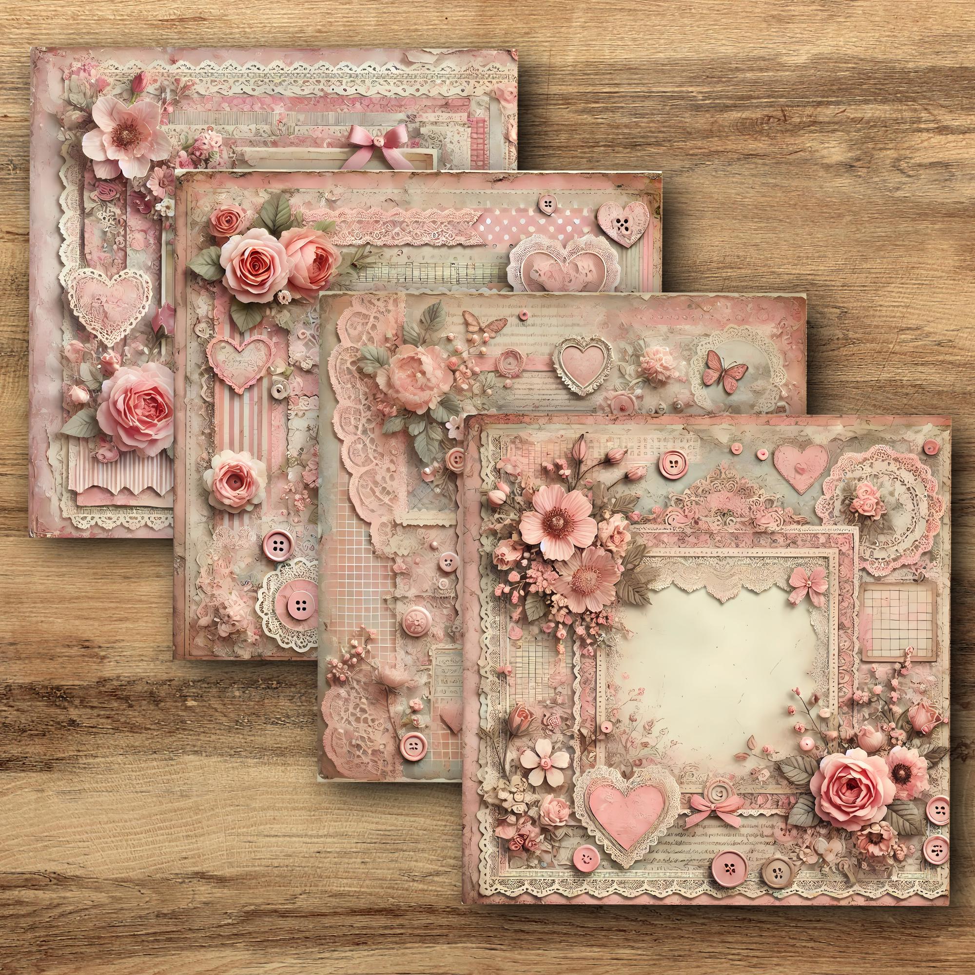12x12" Vintage Scrapbook Paper, Blush Petal Romance, Digital Lace ...