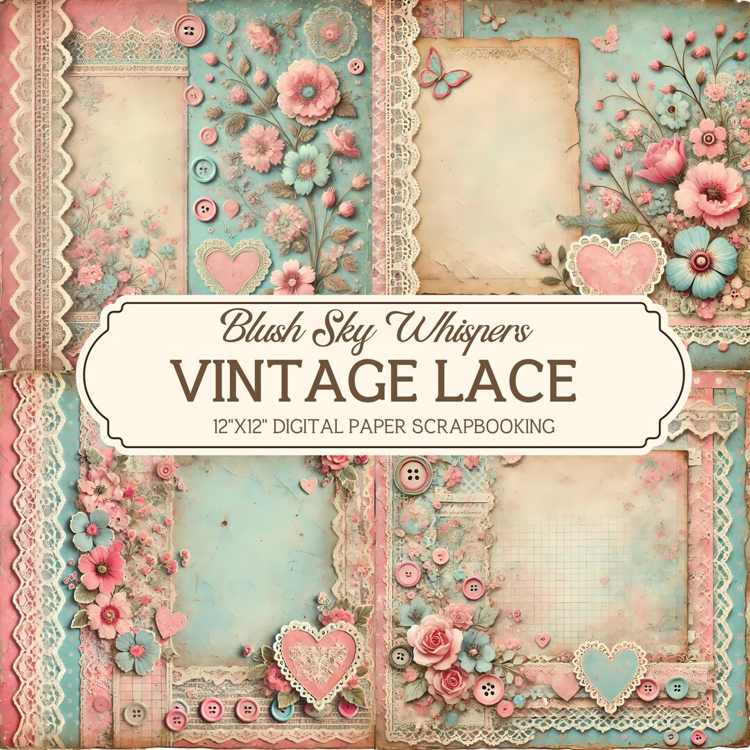 12x12" Vintage Valentines Scrapbook Paper, Blush Sky Whispers, Digital ...