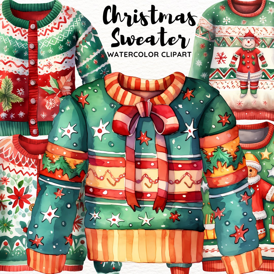 10 PNG Watercolor Christmas Sweater Clipart Bundle - Ugly Xmas Sweater ...