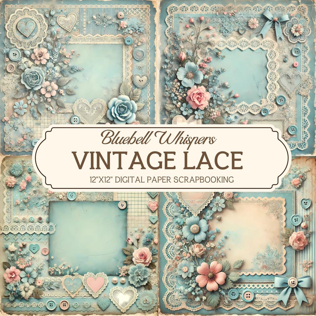 12x12" Vintage Scrapbook Paper, Bluebell Whispers, Digital Lace Florals ...