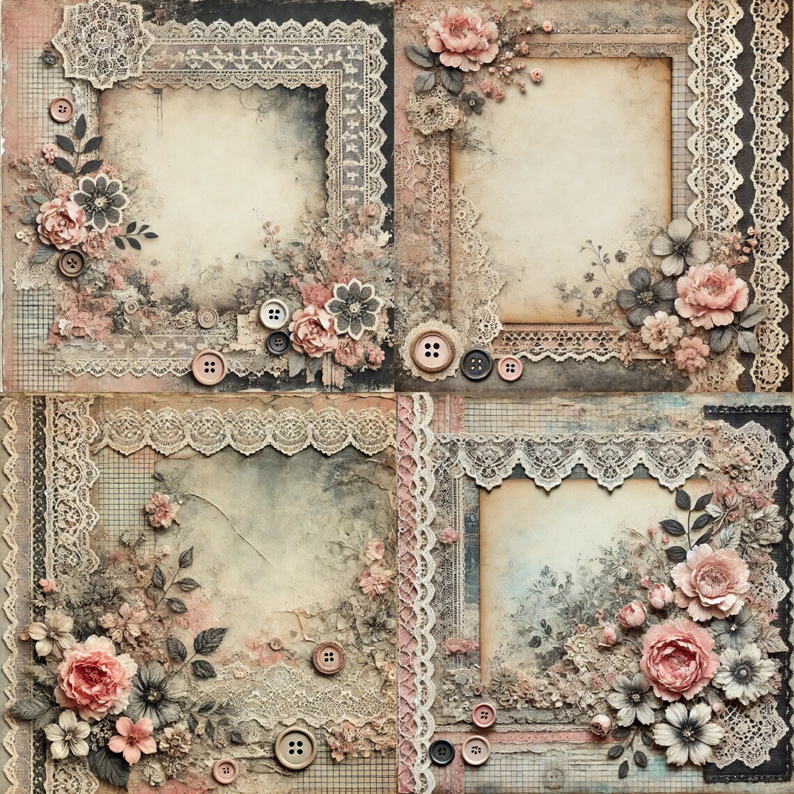 12x12 Vintage Lace Digital Paper Printable, Charming Blush Charcoal ...