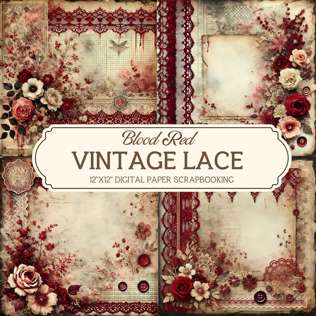 12x12" Vintage Lace Digital Paper Printable, Blood Red, Lace Scrapbook ...