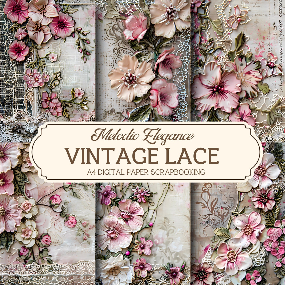A4 Vintage Lace Digital Paper Printable, Melodic Elegance Floral, Lace ...