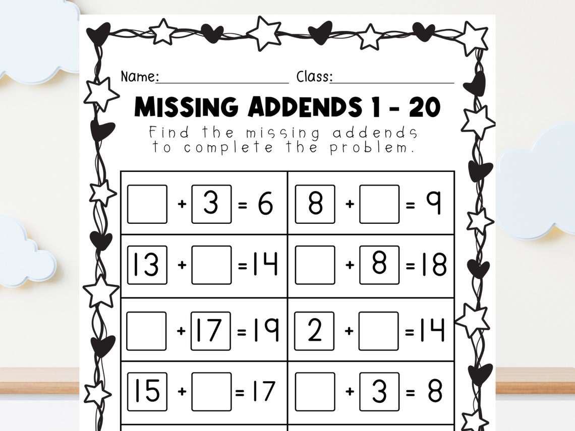 Missing Addends 1-20 Worksheet: Math Practice (digital Download) - Etsy