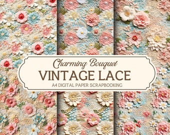 A4 Vintage Lace Digital Paper Printable, Shabby Chic Floral Romance ...