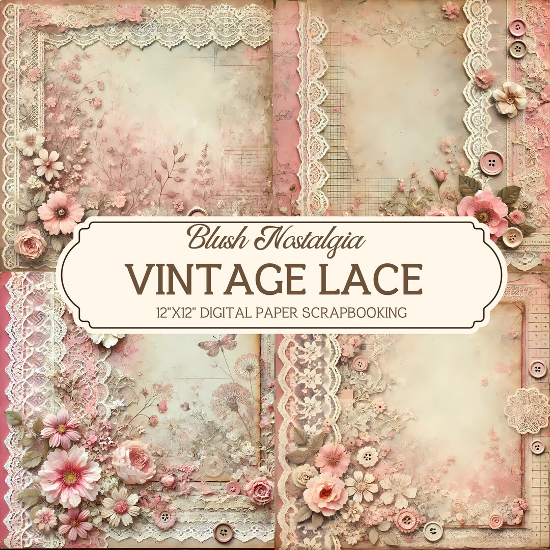 12x12" Vintage Lace Digital Paper Scrapbooking, Blush Nostalgia, Lace ...