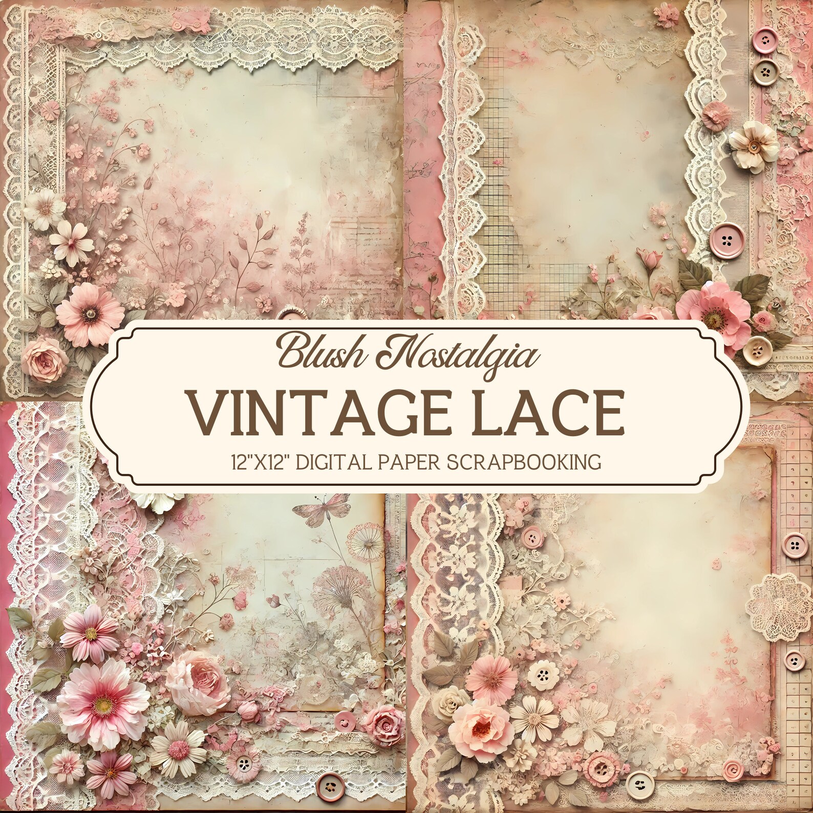 12x12" Vintage Lace Digital Paper Scrapbooking, Blush Nostalgia, Lace ...