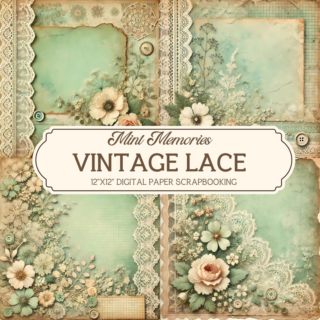 12x12" Vintage Lace Digital Paper Printable, Mint Memories, Lace ...
