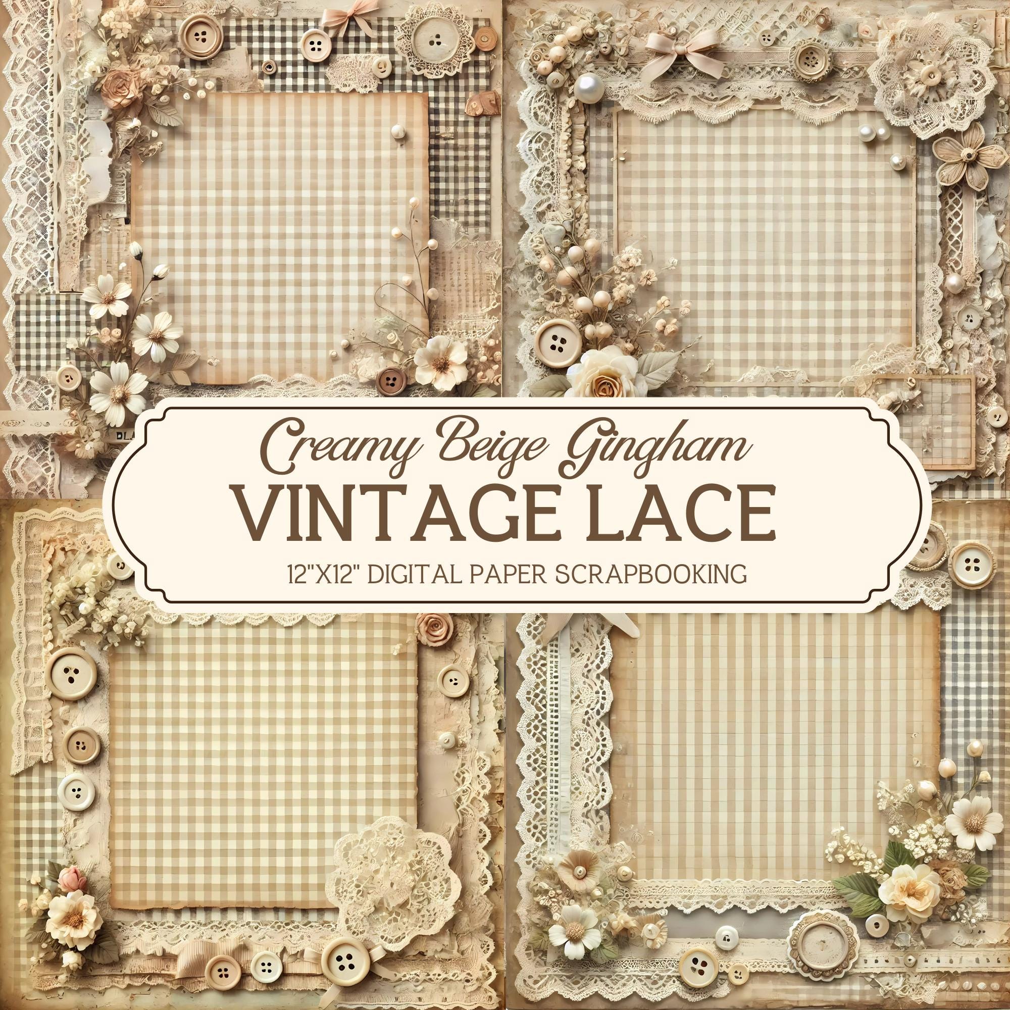 12x12" Vintage Lace Digital Scrapbook Paper, Creamy Beige Gingham ...