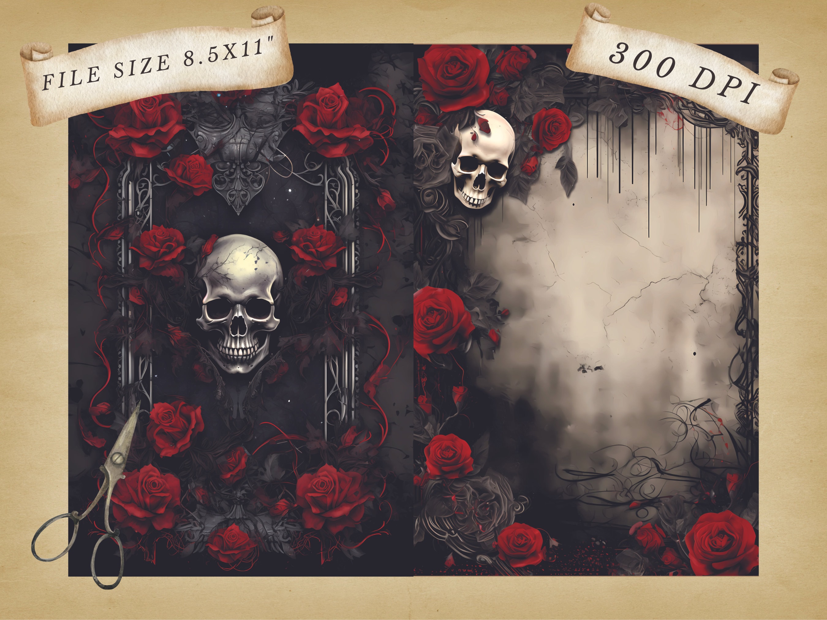 10 JPEG - 20 Pictures Gothic Skull With Red Roses Vintage Paper Junk ...