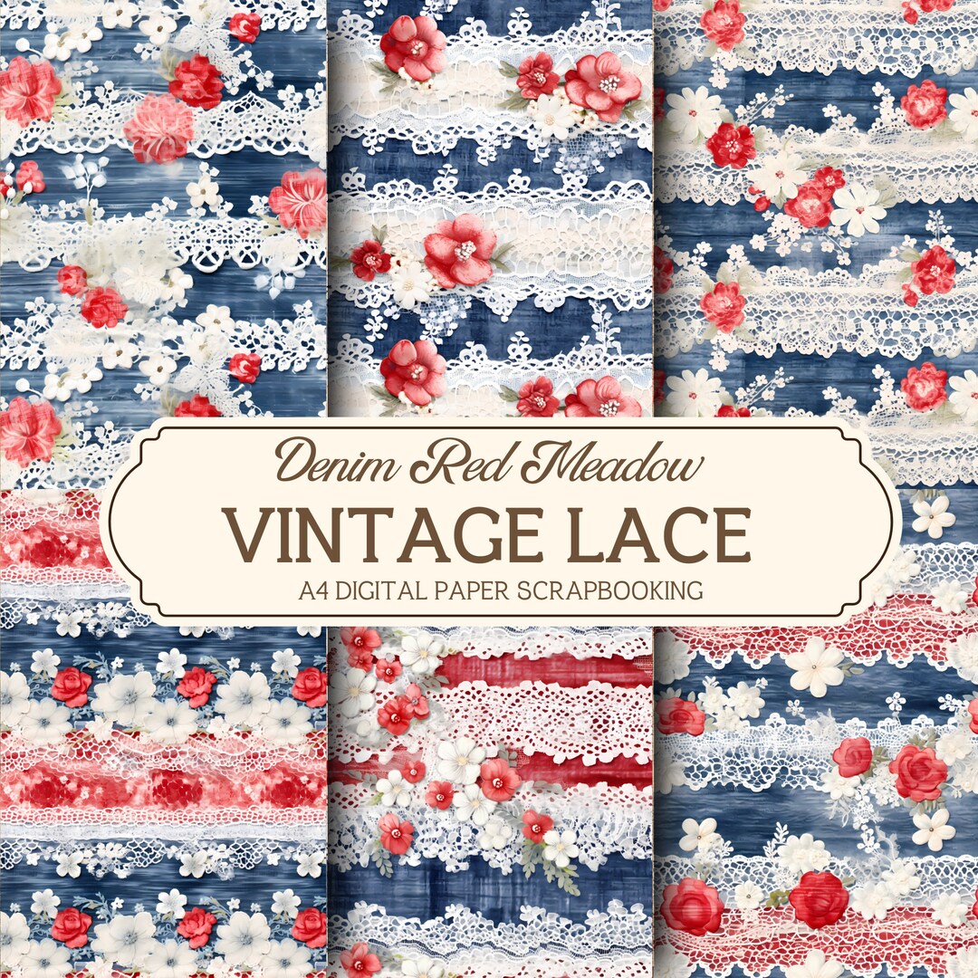 A4 Vintage Lace Digital Paper Printable, Denim Red Meadow, Flower Lace ...