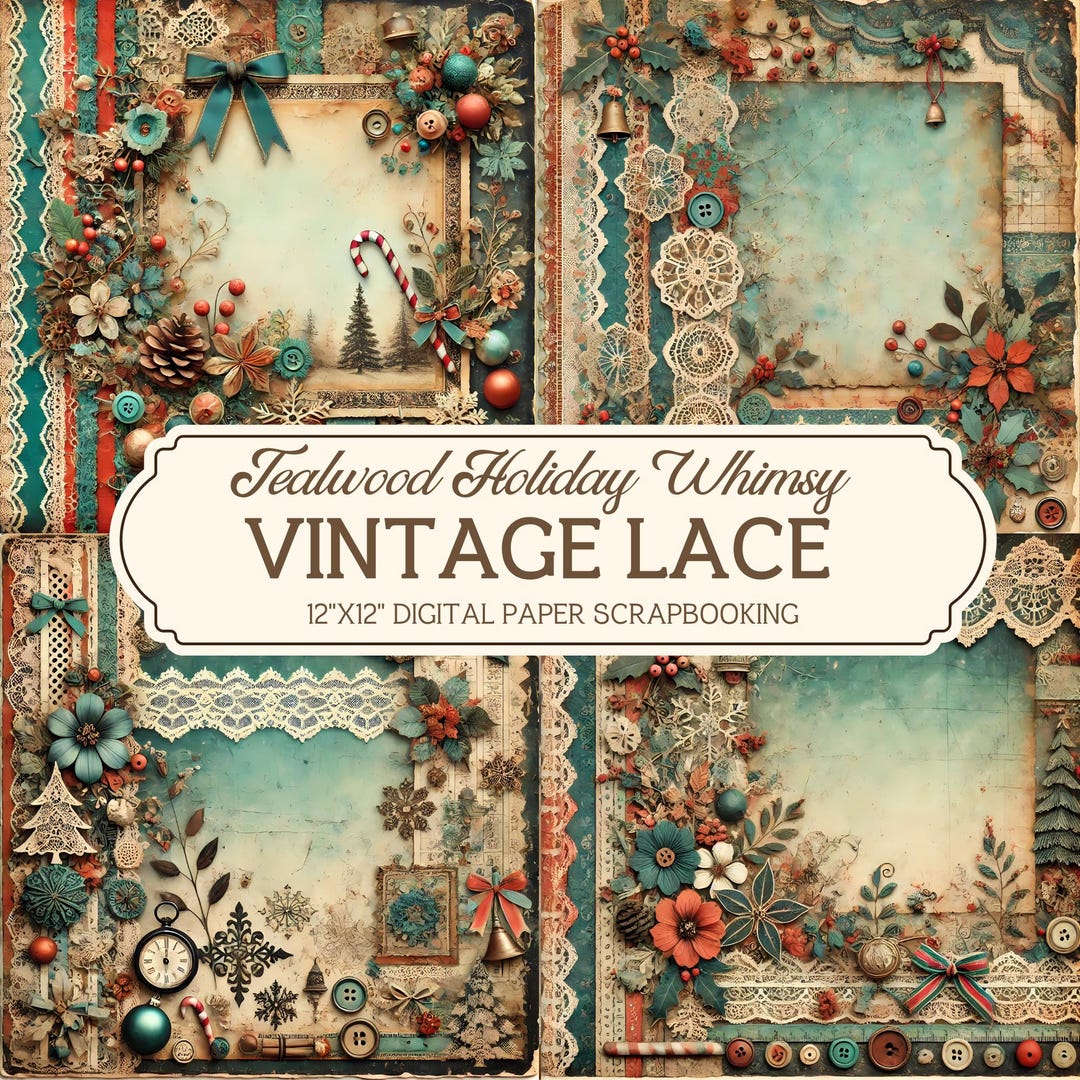 12x12" Vintage Christmas Scrapbook Paper, Tealwood Holiday Whimsy ...