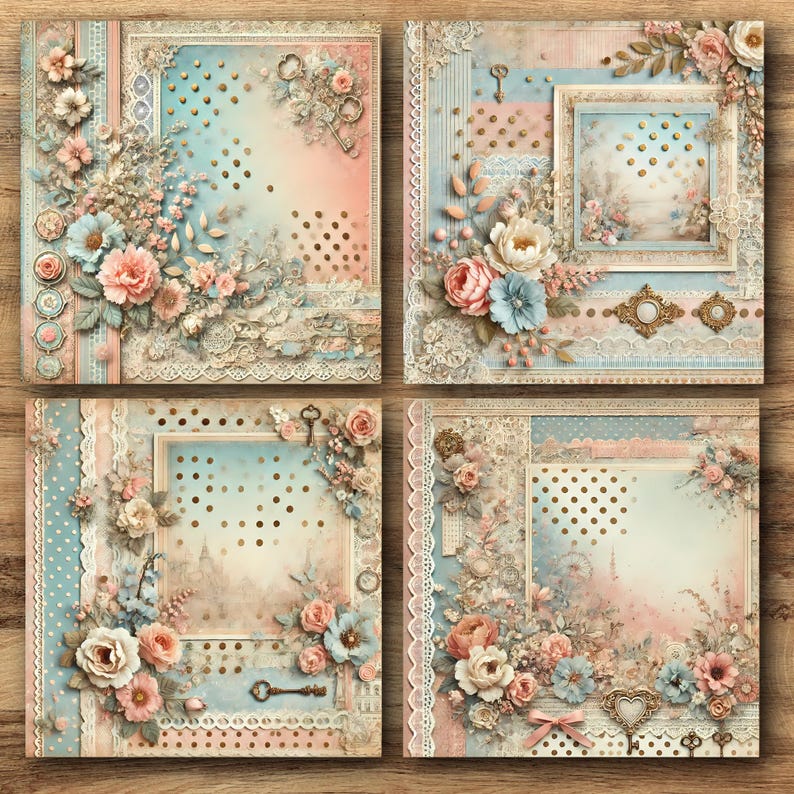 12x12" Vintage Scrapbook Paper, Peach Blue Serenity, Digital Lace ...
