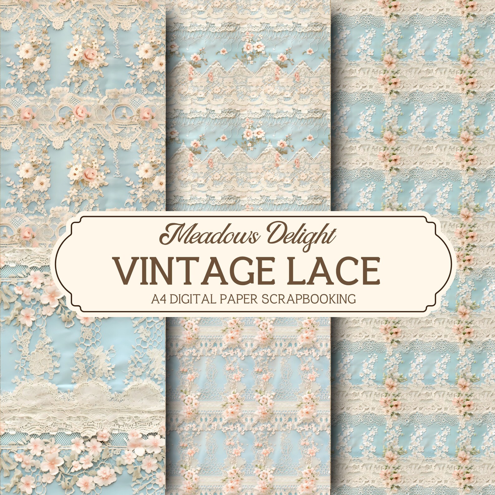A4 Vintage Lace Digital Paper Printable, Meadows Delight Floral, Lace ...