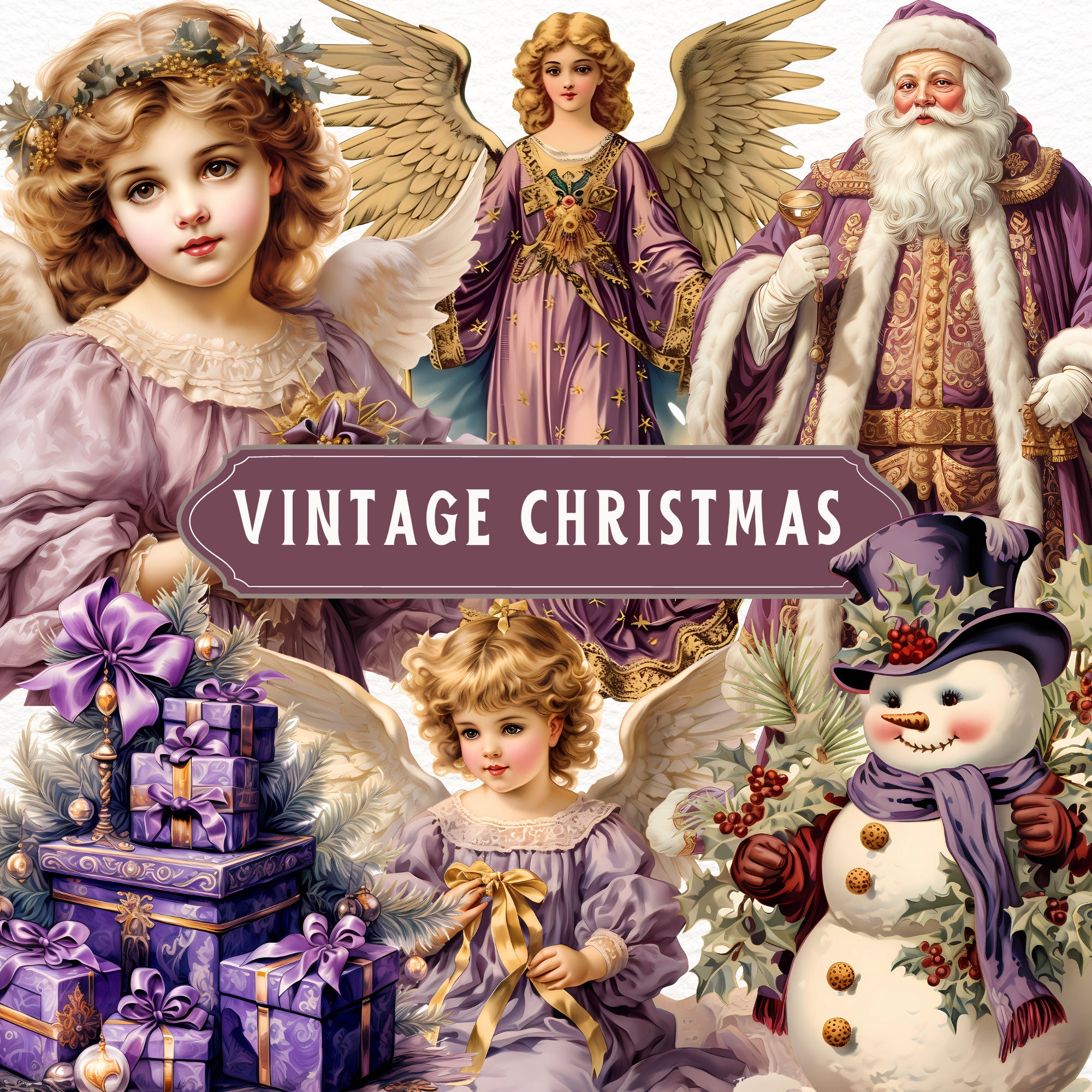20 Purple Christmas Clipart Bundle PNG, Santa, Angels, Vintage Retro ...