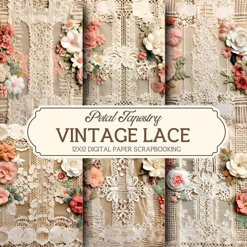 Vintage Lace Digital Paper Printable, Petal Tapestry Flowers, Lace ...