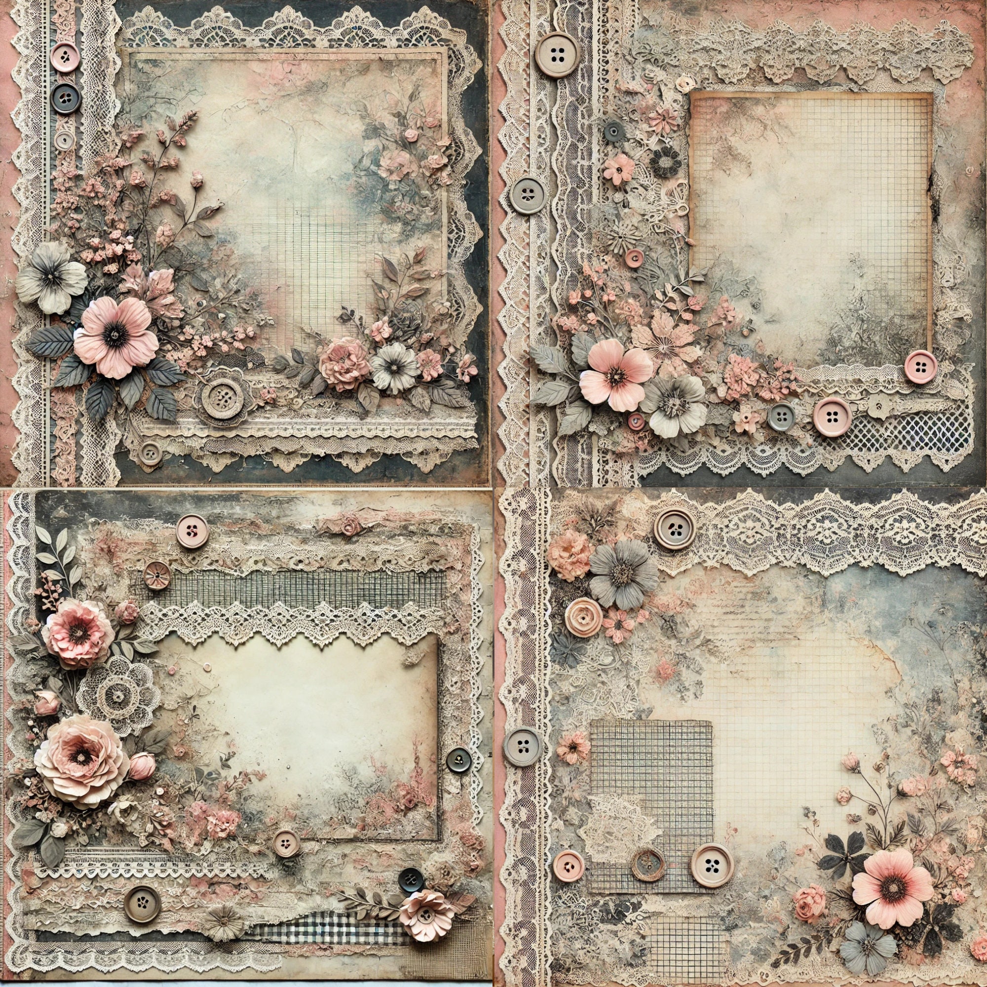12x12 Vintage Lace Digital Paper Printable, Charming Blush Charcoal ...
