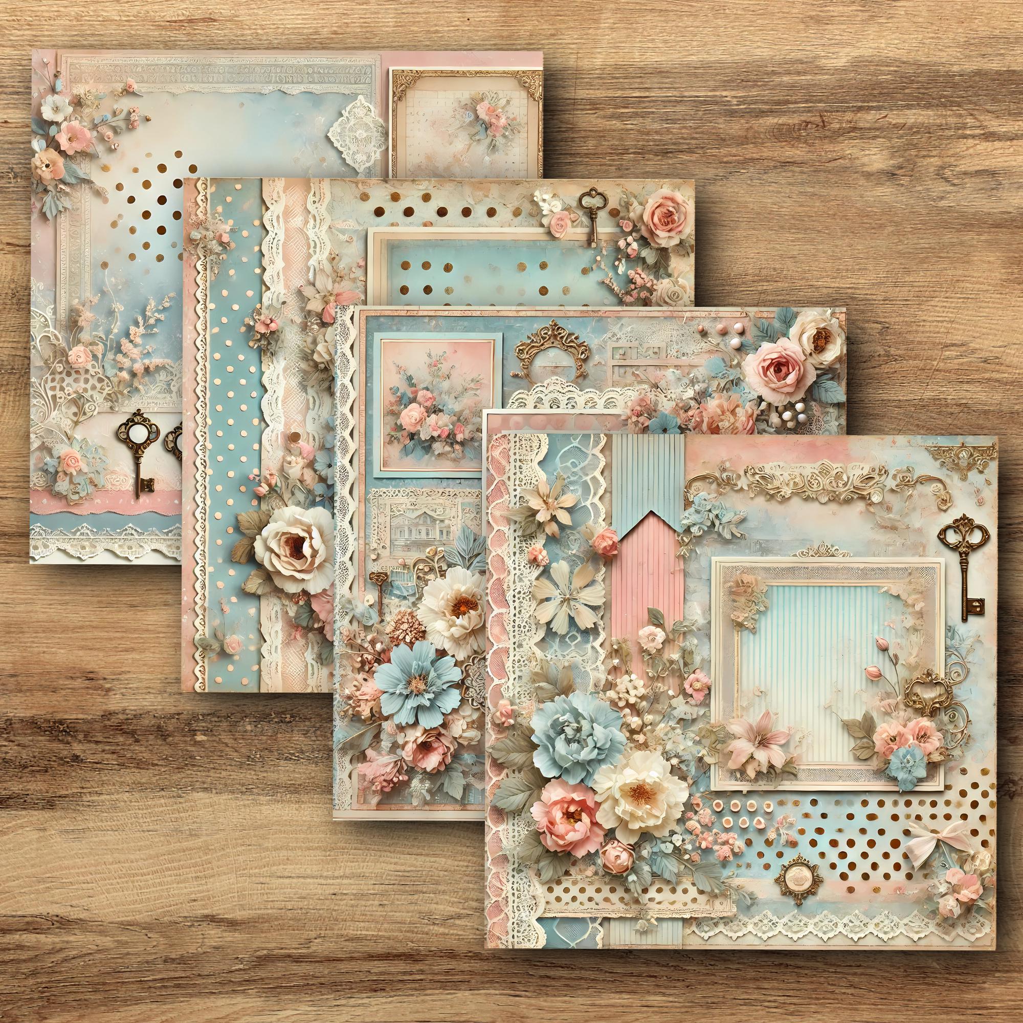 12x12" Vintage Scrapbook Paper, Peach Blue Serenity, Digital Lace ...