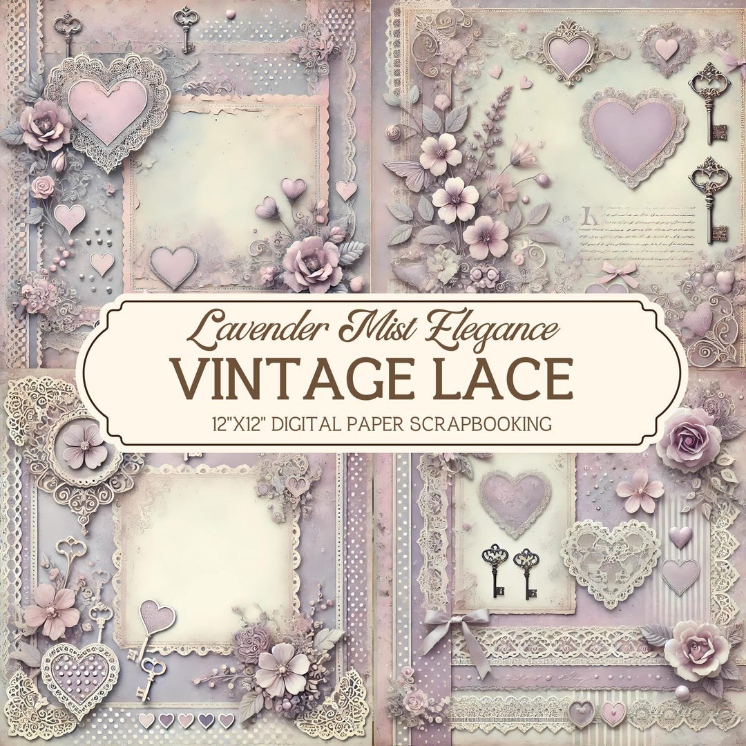 12x12" Vintage Scrapbook Paper, Lavender Mist Elegance, Purple Digital ...