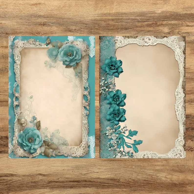 A4 Vintage Lace Frame Digital Paper Printable, Shabby Chic Teal Blue ...
