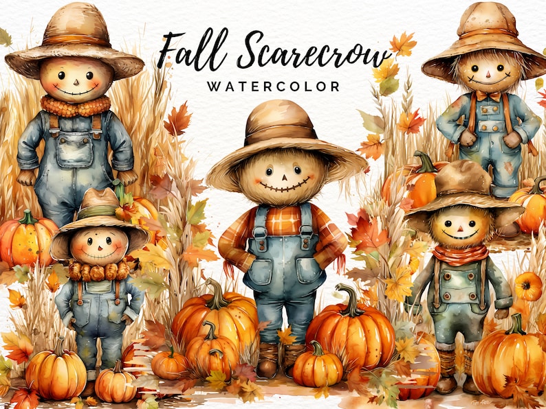 10 PNG Watercolor Fall Scarecrow Pumpkins Clipart Bundle - Commercial ...