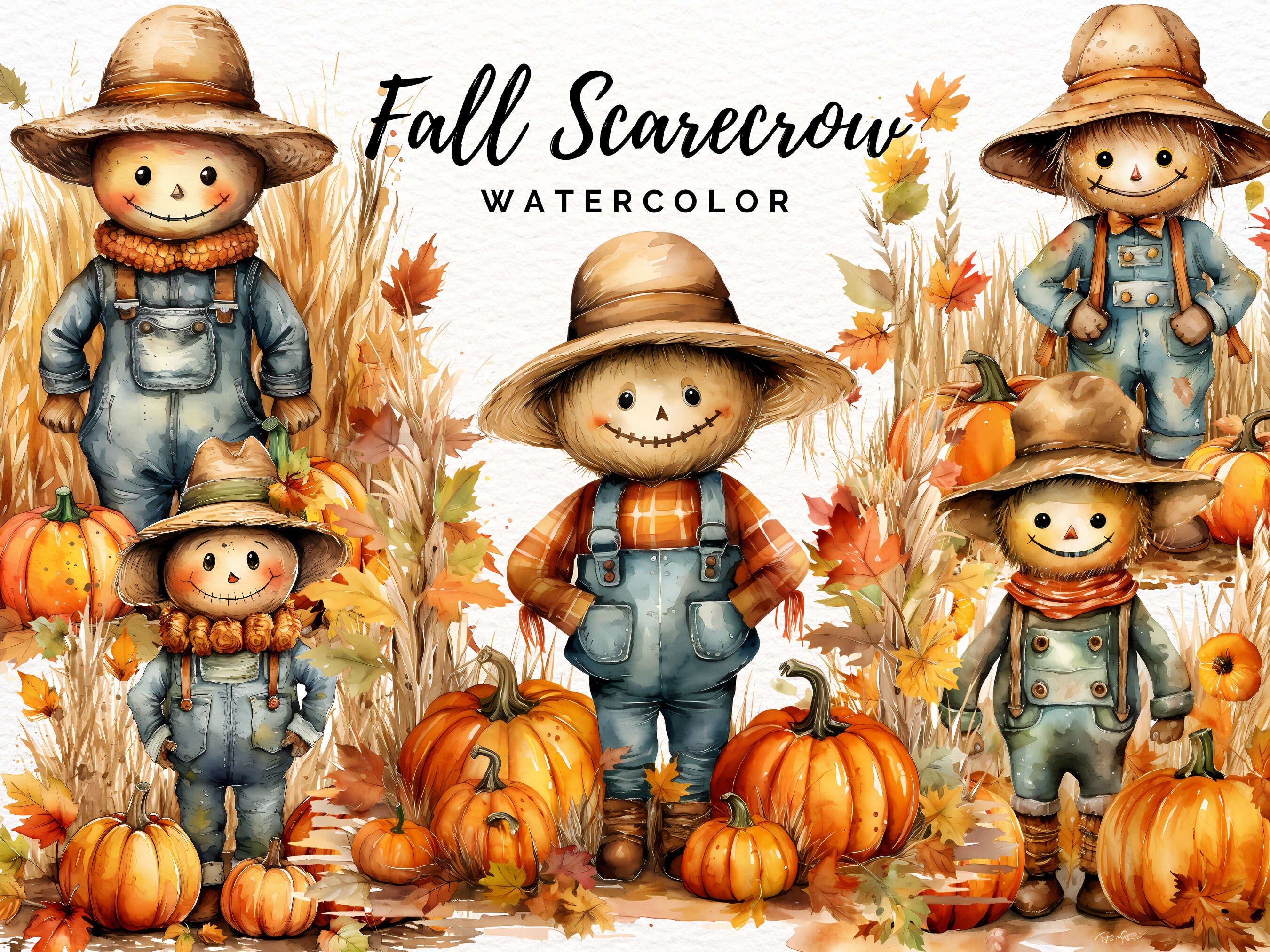 10 PNG Watercolor Fall Scarecrow Pumpkins Clipart Bundle - Commercial ...