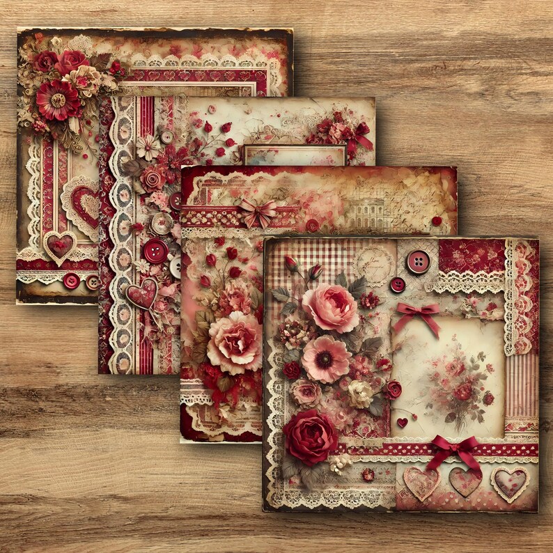 12x12 Vintage Valentines Scrapbook Paper, Crimson Scarlet, Digital Lace ...