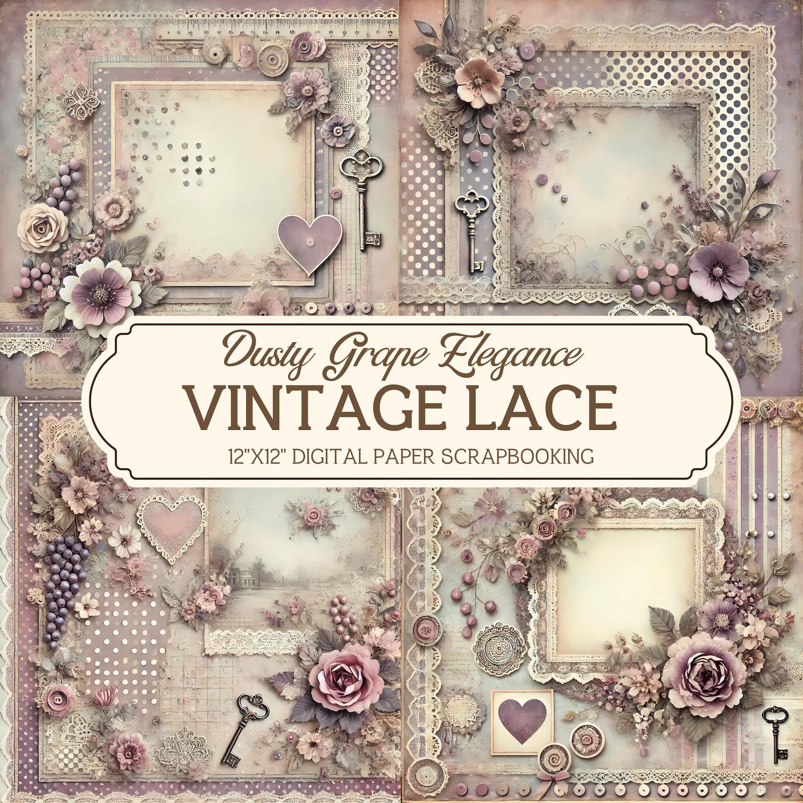 12x12" Vintage Scrapbook Paper, Purple Dusty Grape Elegance, Digital ...
