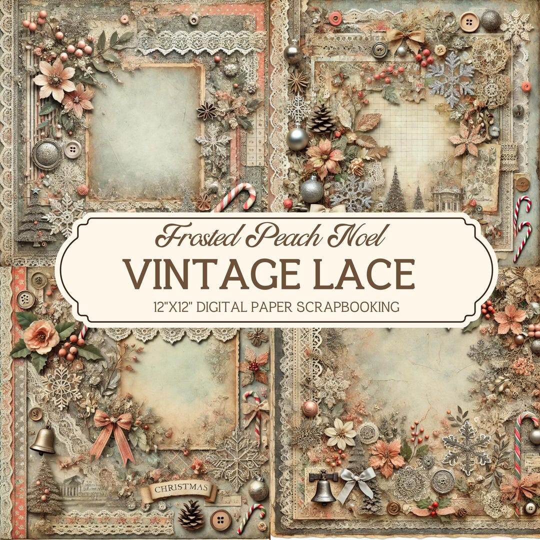 12x12" Vintage Christmas Scrapbook Paper, Frosted Peach Noel, Christmas ...