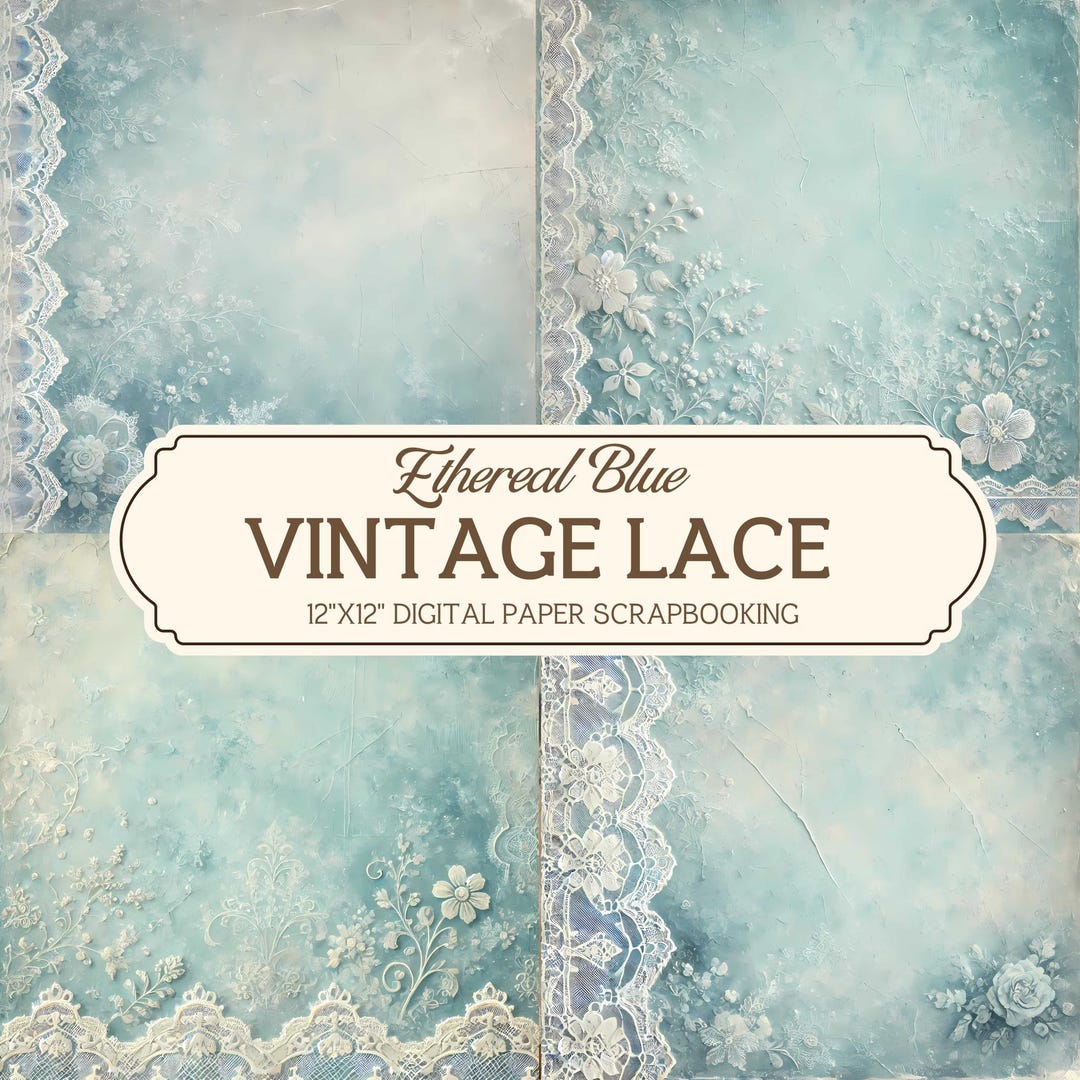 12x12" Vintage Lace Digital Scrapbook Paper, Ethereal Blue ...