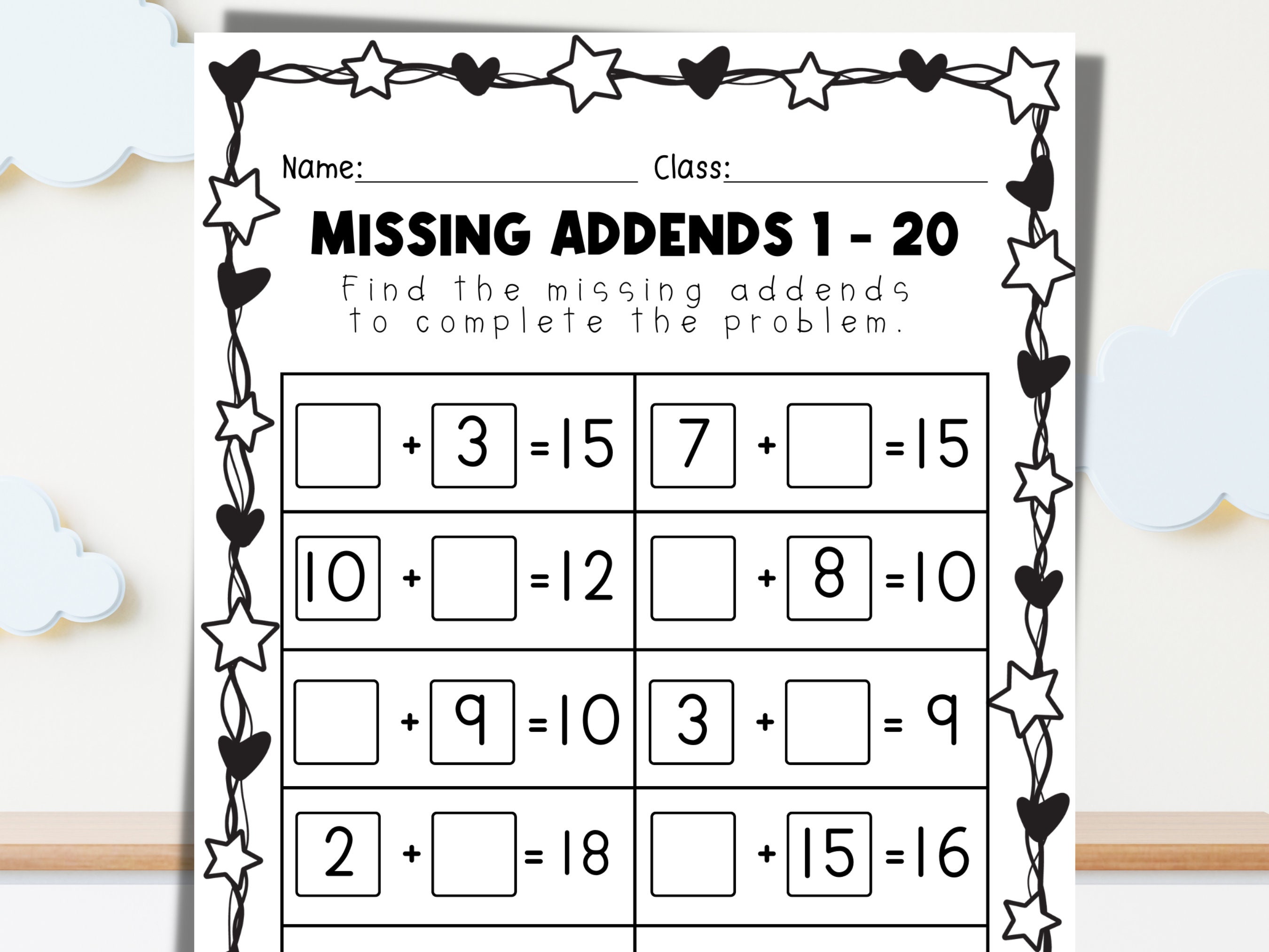Missing Addends 1-20 Worksheet: Math Practice (digital Download) - Etsy