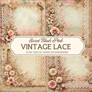 12x12" Vintage Lace Digital Paper Printable, Sweet Blush Pink, Lace ...