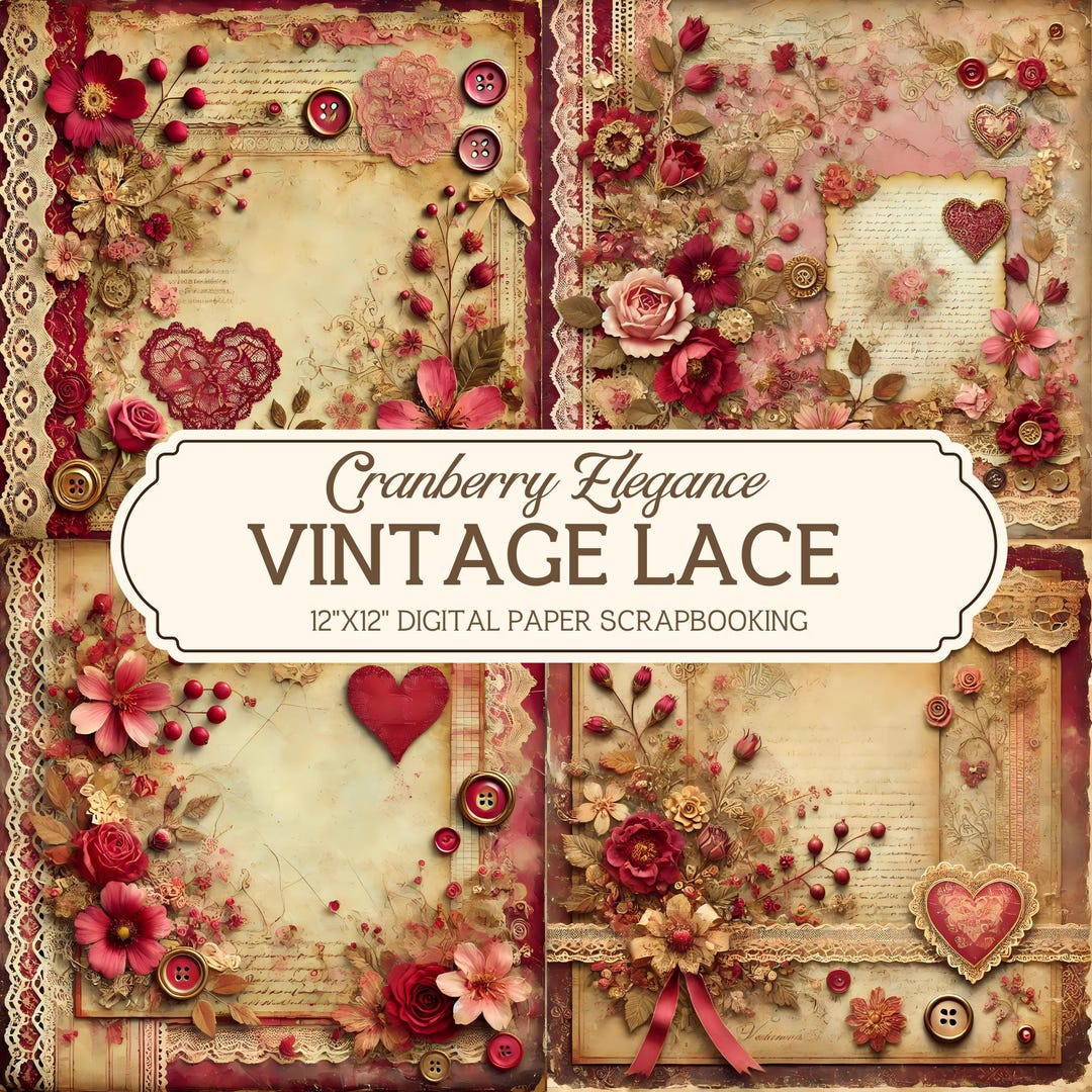12x12" Vintage Valentines Scrapbook Paper, Cranberry Elegance, Digital ...