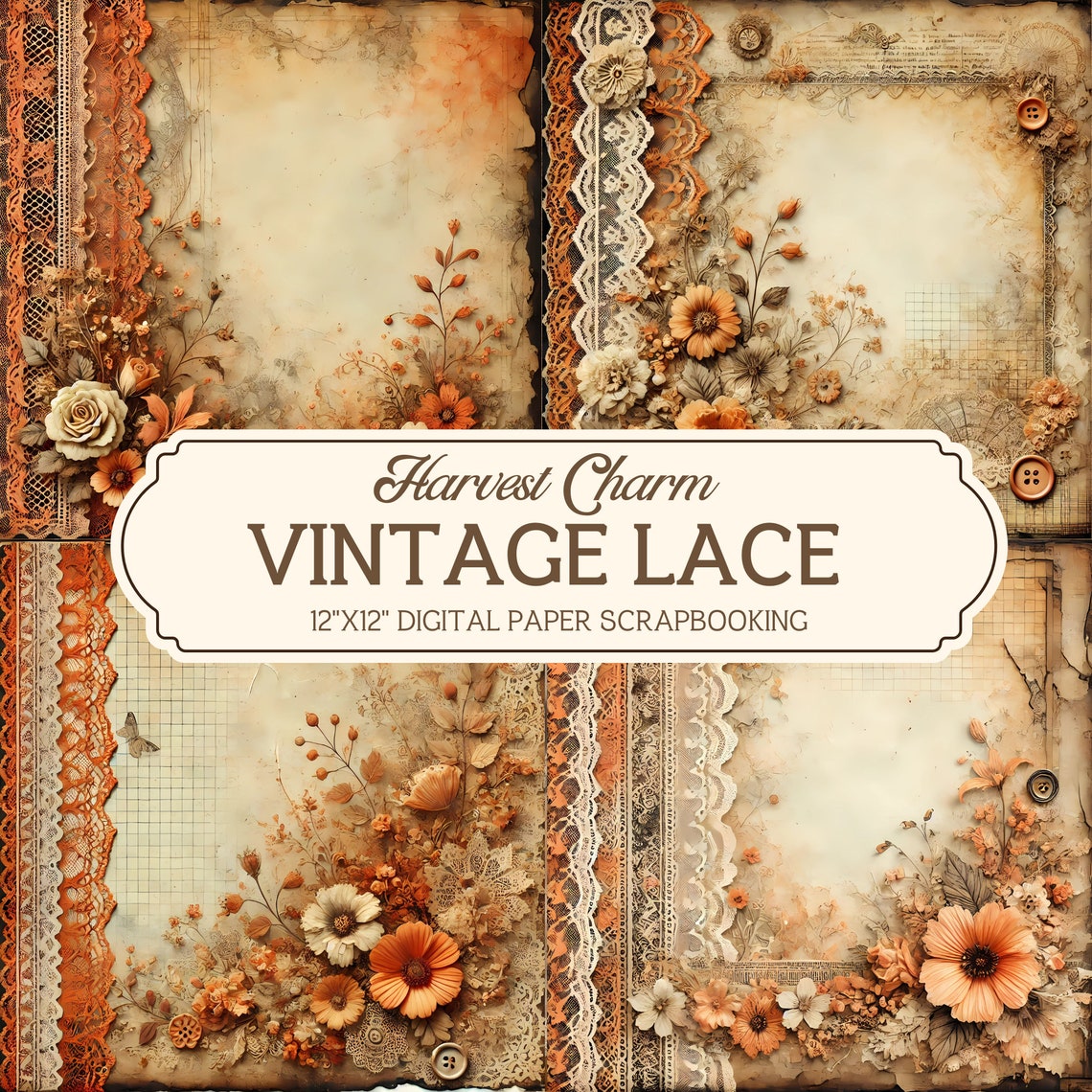Vintage Lace Digital Paper: 12x12 Harvest Charm Scrapbook Kit (digital ...